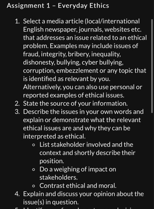Assignment 1 - Everyday Ethics 1. Select a media | Chegg.com