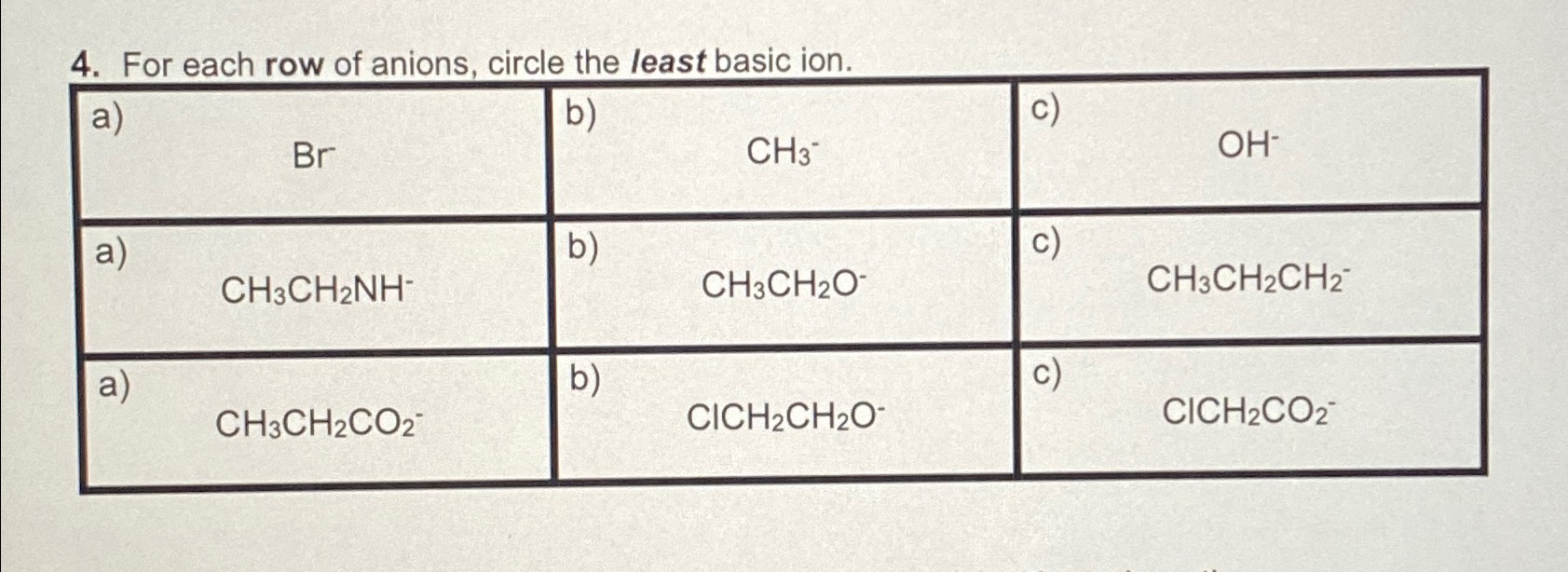 Solved For each row of anions, circle the least basic | Chegg.com