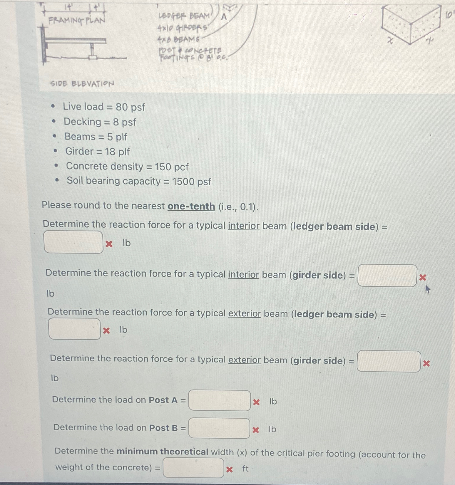 Solved Live load = 80 ﻿psfDecking =8 ﻿psfBeams =5 ﻿plfGirder | Chegg.com