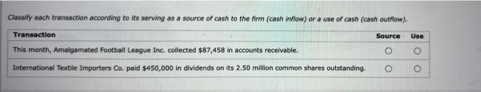 Solved Classify each transaction according to its serving as | Chegg.com