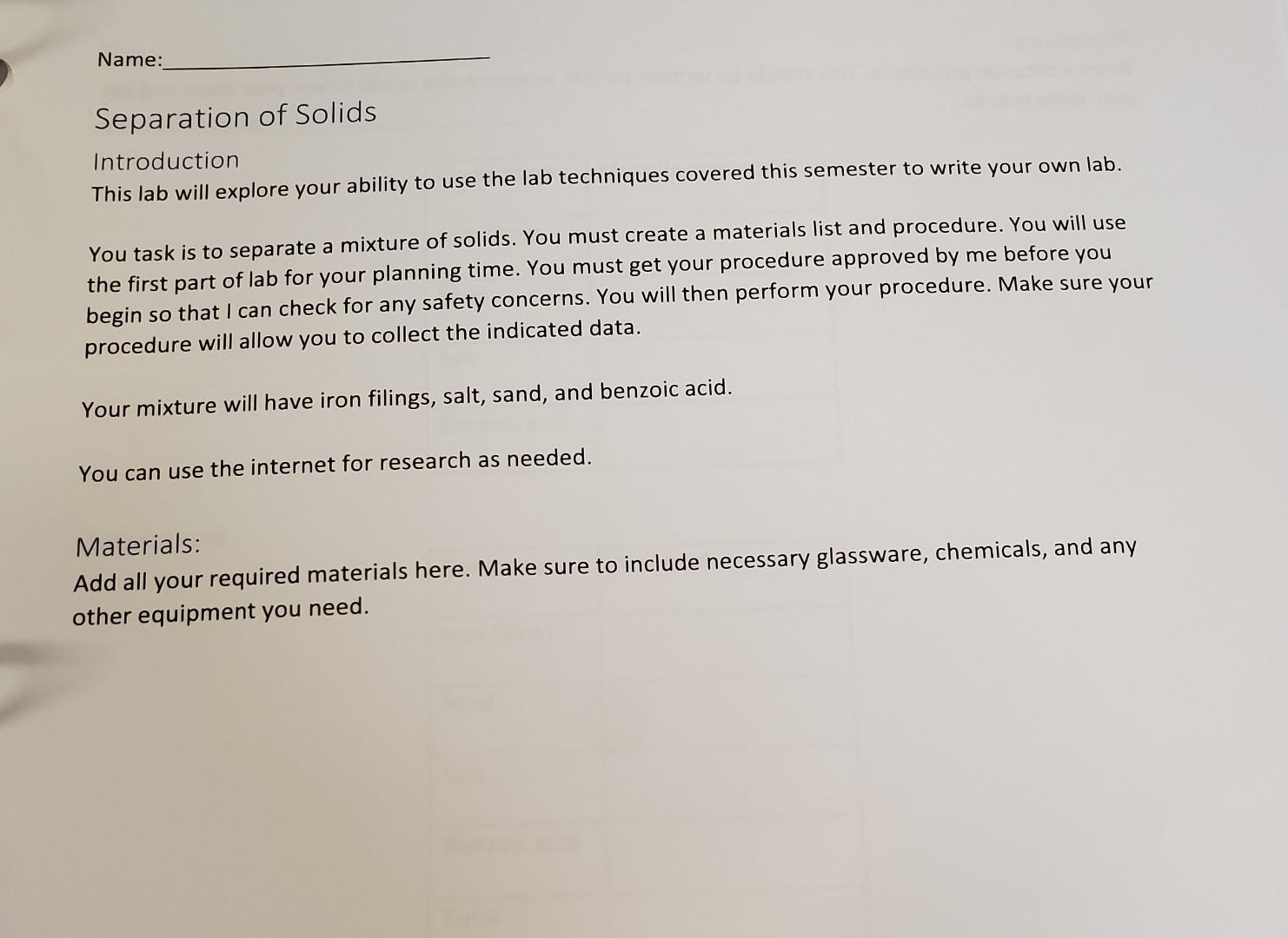 Solved Separation of Solids Introduction This lab will | Chegg.com