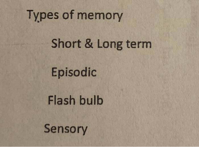 Solved Types of memory Short & Long term Episodic Flash bulb | Chegg.com