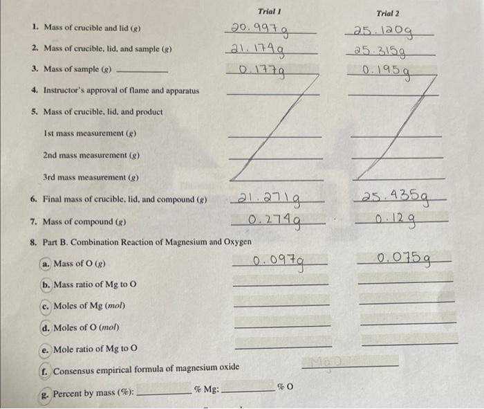 Solved 1. Mass of crucible and lid (g) 2. Mass of crucible, | Chegg.com
