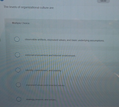 Solved The levels of organizational culture areMultiple | Chegg.com