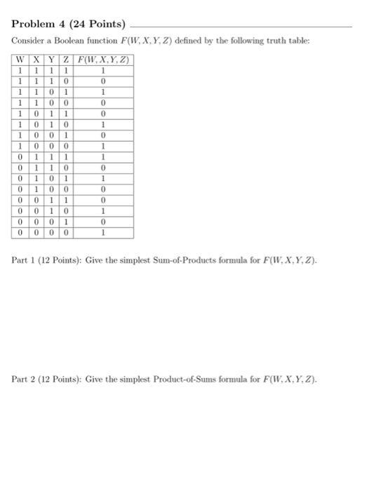 Solved Consider a Boolean function F(W,X,Y,Z) defined by the | Chegg.com