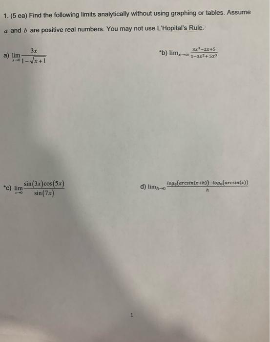 Solved 1. (5 ea) Find the following limits analytically | Chegg.com