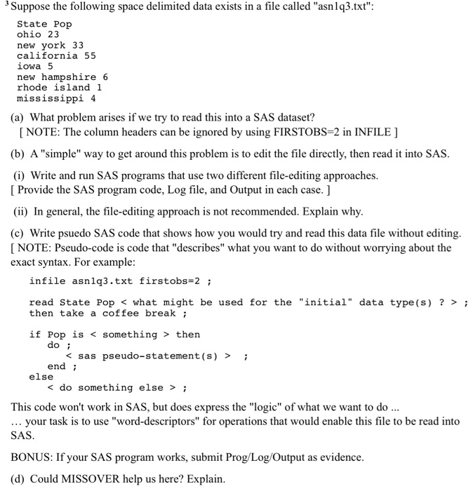 Solved 3 Suppose the following space delimited data exists | Chegg.com
