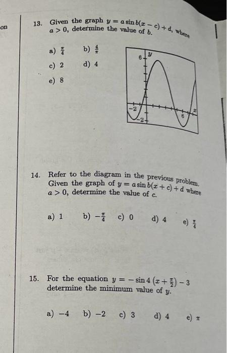 Solved 13. Given the graph y=asinb(x−c)+d, where a>0, | Chegg.com