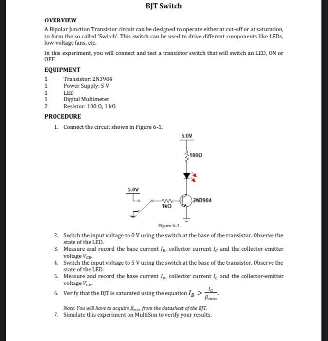 Solved Experiment 6: BJT Switch Experiment 6 BJT Switch | Chegg.com