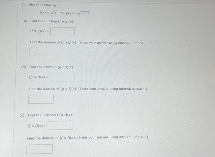 Solved Consider the following. f(x)=3−x,g(x)=x−7 (a) Find | Chegg.com