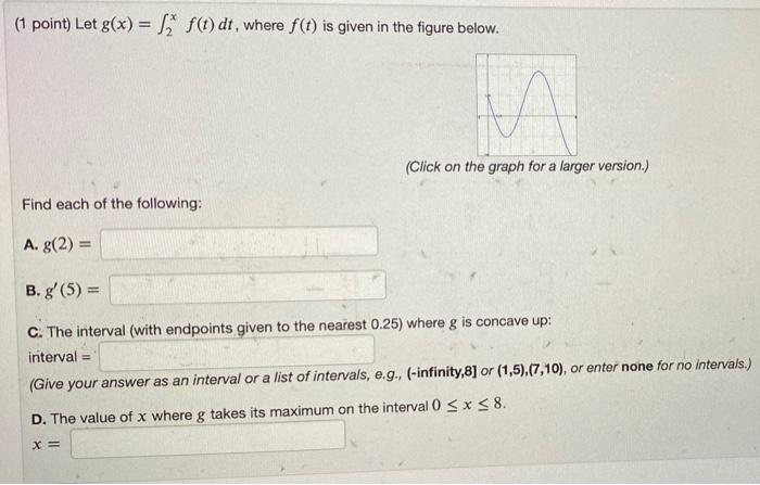 Solved (1 point) Let g(x) = f f(t)dt, where f(t) is given in | Chegg.com