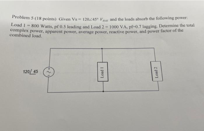 Solved Problem 5 (18 points) Given Vs =120∠45∘VRΩS and the | Chegg.com