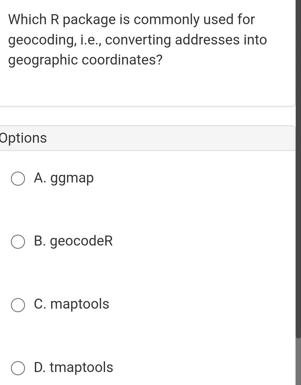 Solved Which R ﻿package is commonly used for geocoding, | Chegg.com