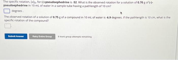 Solved The specific rotation, [α]D, for (−)− pseudoephedrine | Chegg.com