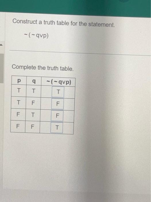 Solved Construct a truth table for the statement. ∼(∼q∨p) | Chegg.com