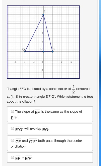 Solved Triangle EFG is dilated by a scale factor of one half | Chegg.com