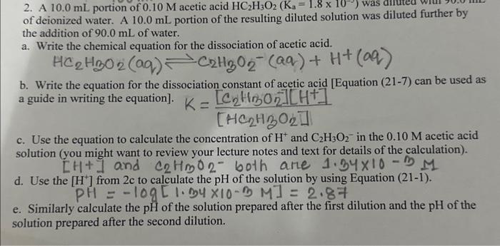 Solved 2. A 10.0 mL portion of 0.10M acetic acid HC2H3O2( | Chegg.com