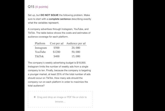 Solved Q15 (4 points) Set up, but DO NOT SOLVE the following | Chegg.com