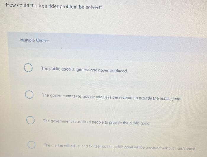 Solved How Could The Free Rider Problem Be Solved Multiple Chegg