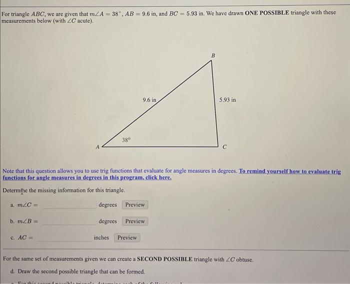 Solved For triangle ABC, we are given that m∠A=38∘,AB=9.6 | Chegg.com