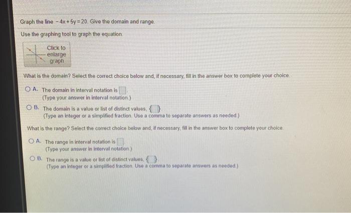 Solved Graph the line - 4x + 5y = 20. Give the domain and | Chegg.com
