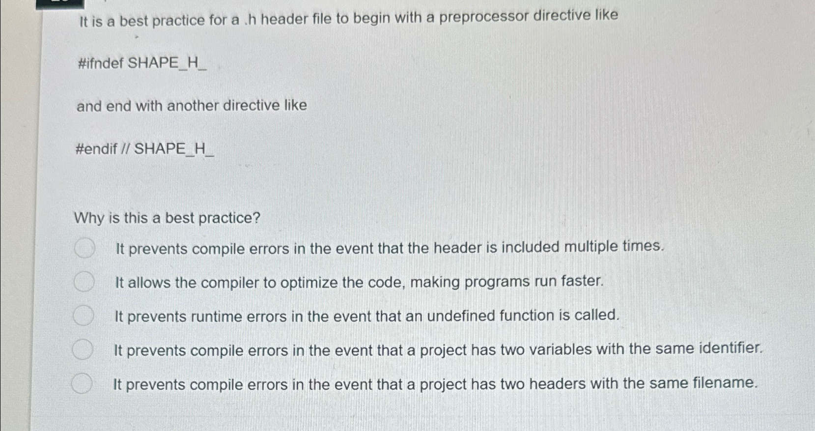 Solved It is a best practice for a h ﻿header file to begin | Chegg.com