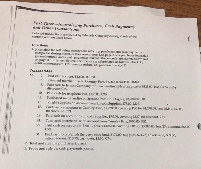 Solved Part Three-Journalizing Purchases, Cash Payments, and | Chegg.com