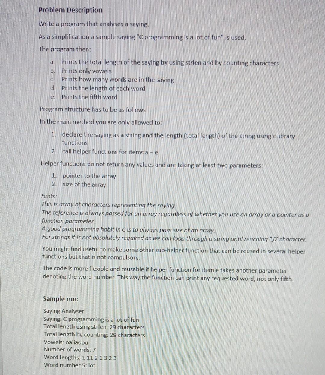 Solved Problem Description Write a program that analyses a | Chegg.com