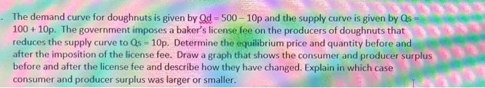 Solved The demand curve for doughnuts is given by Qd=500−10p | Chegg.com