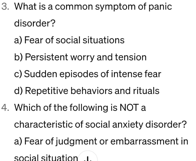 Solved What is a common symptom of panic disorder?a) ﻿Fear | Chegg.com