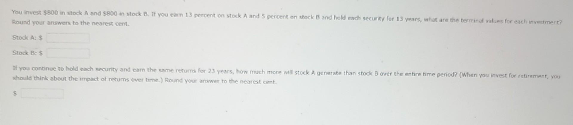 Solved Round your answers to the nearest cent. Stock A: $ | Chegg.com