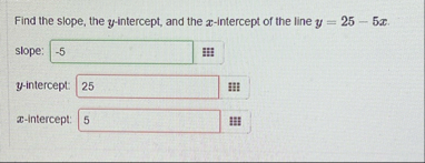 Solved Find the slope, the y-intercept, and the x-intercept | Chegg.com