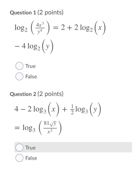 Solved Question 1 (2 points) 4x3 x log2 (*") = 2 + 2 log2 | Chegg.com