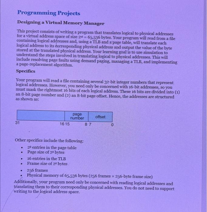 Solved Programming Projects Designing a Virtual Memory | Chegg.com