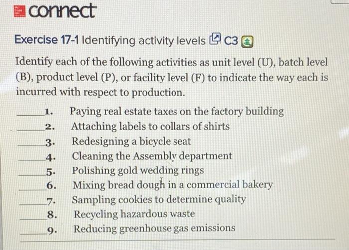 Solved 1. connect Exercise 17-1 Identifying activity levels | Chegg.com