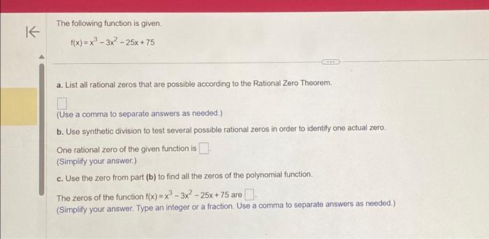 Solved The following function is given. f(x)=x3−3x2−25x+75 | Chegg.com