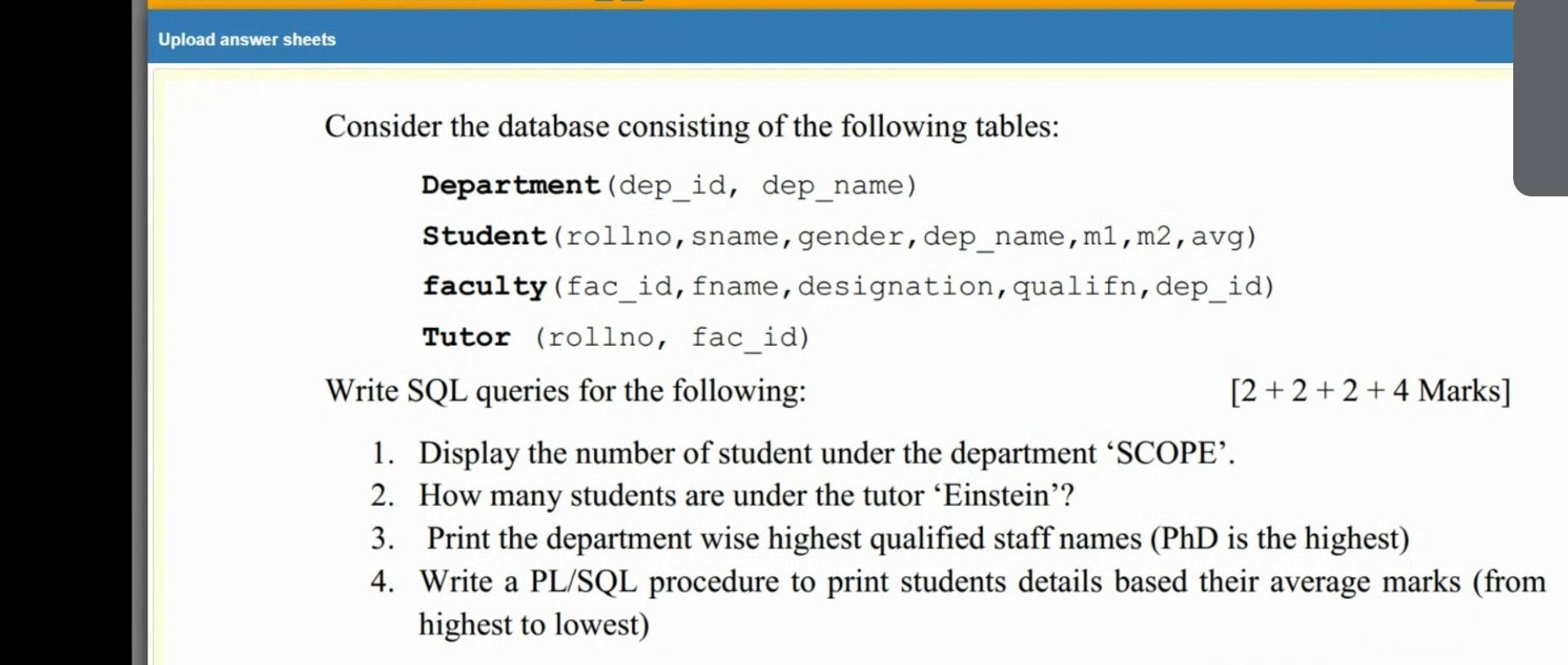 Solved Upload answer sheets Consider the database consisting | Chegg.com