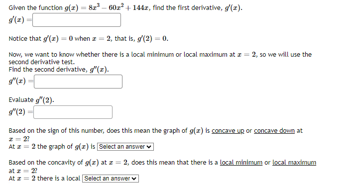 Solved Given the function g(x)=8x3-60x2+144x, ﻿find the | Chegg.com