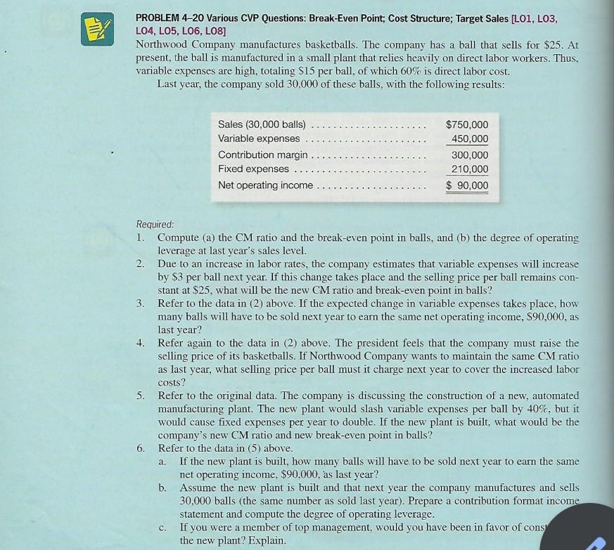 Solved PROBLEM 4-20 Various CVP Questions: Break-Even Point; | Chegg.com