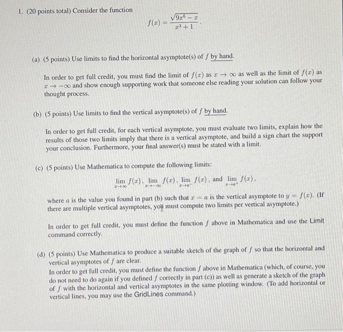 Solved 1. ( 20 points total) Consider the function | Chegg.com