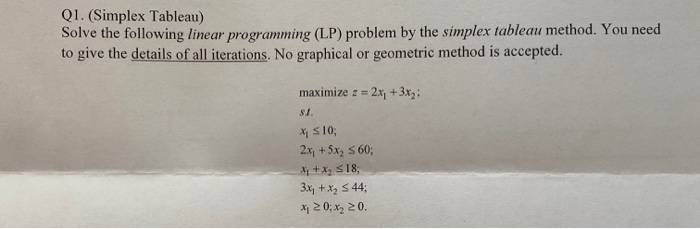 Solved Q1. (Simplex Tableau) Solve the following linear | Chegg.com