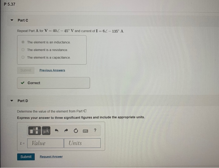 Solved P5.37 Part A A certain element has a phasor voltage | Chegg.com
