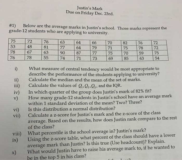 Solved \#1) Below are the average marks in Justin's school. | Chegg.com