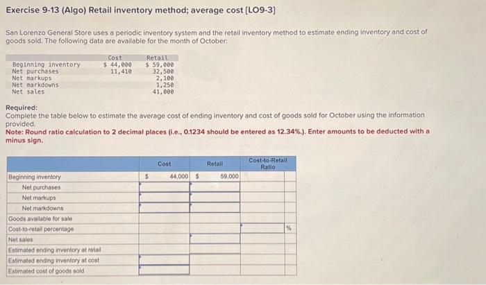 Solved Exercise 9-13 (Algo) Retail inventory method; average | Chegg.com