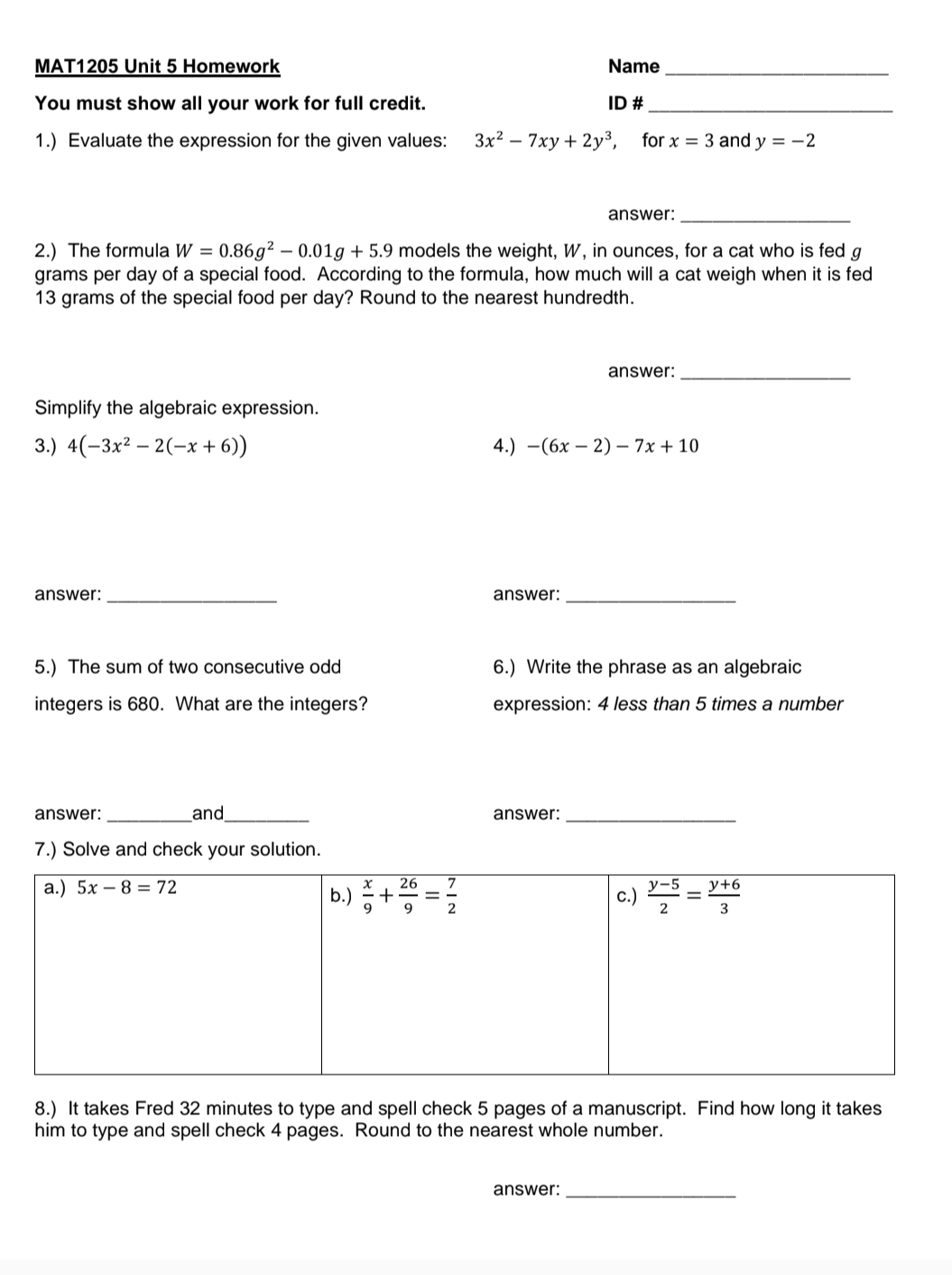 Solved MAT1205 Unit 5 Homework You must show all your work | Chegg.com