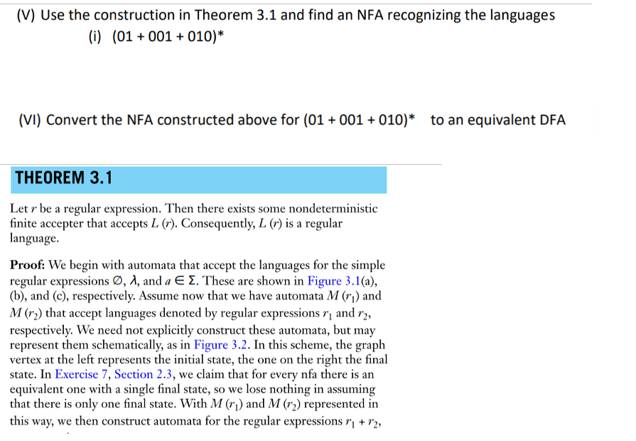 Solved (V) ﻿Use the construction in Theorem 3.1 ﻿and find an | Chegg.com