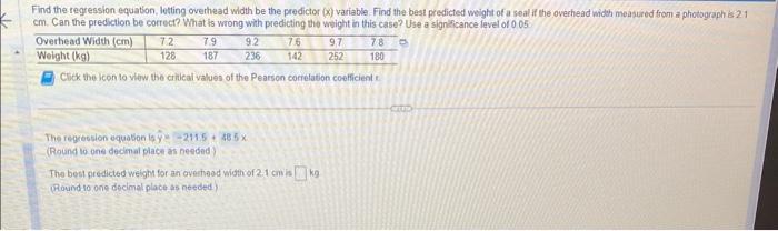 Solved Find the regression equation, letting overhead width | Chegg.com