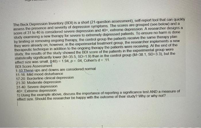 Solved The Beck Depression Inventory (BDI) is a short | Chegg.com