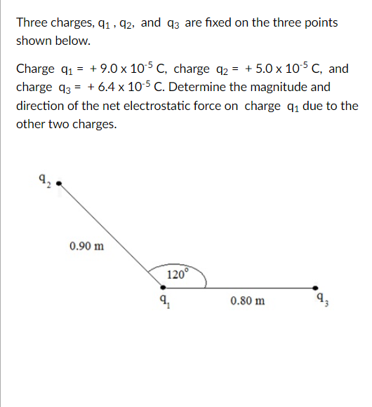 Solved Three charges, q1,q2, ﻿and q3 ﻿are fixed on the three | Chegg.com