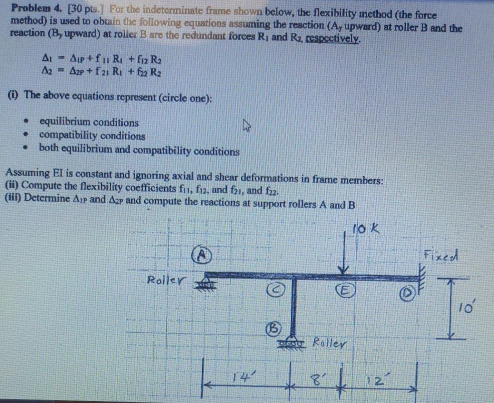 Solved Problem 4. [30 pts.] For the indeterminate frame | Chegg.com
